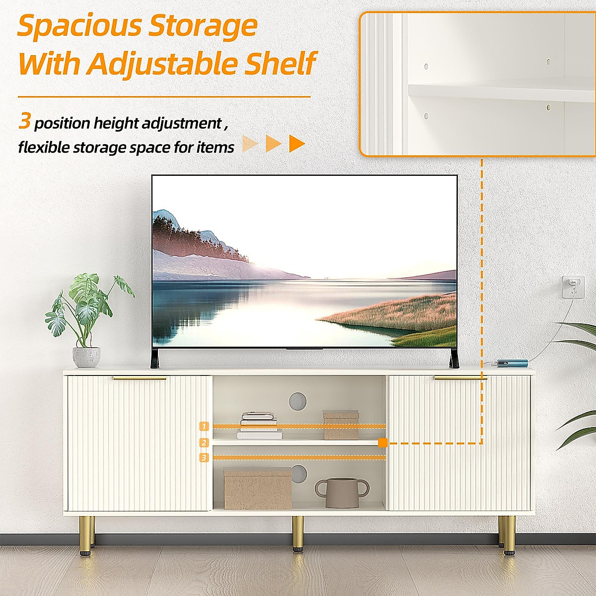 Furniwood TV Stand for 65+ Inch TV, Mid Century Modern TV Stand for Bedroom, TV Entertainment Center with Storage Cabinets, TV Consoles for Living Room, White