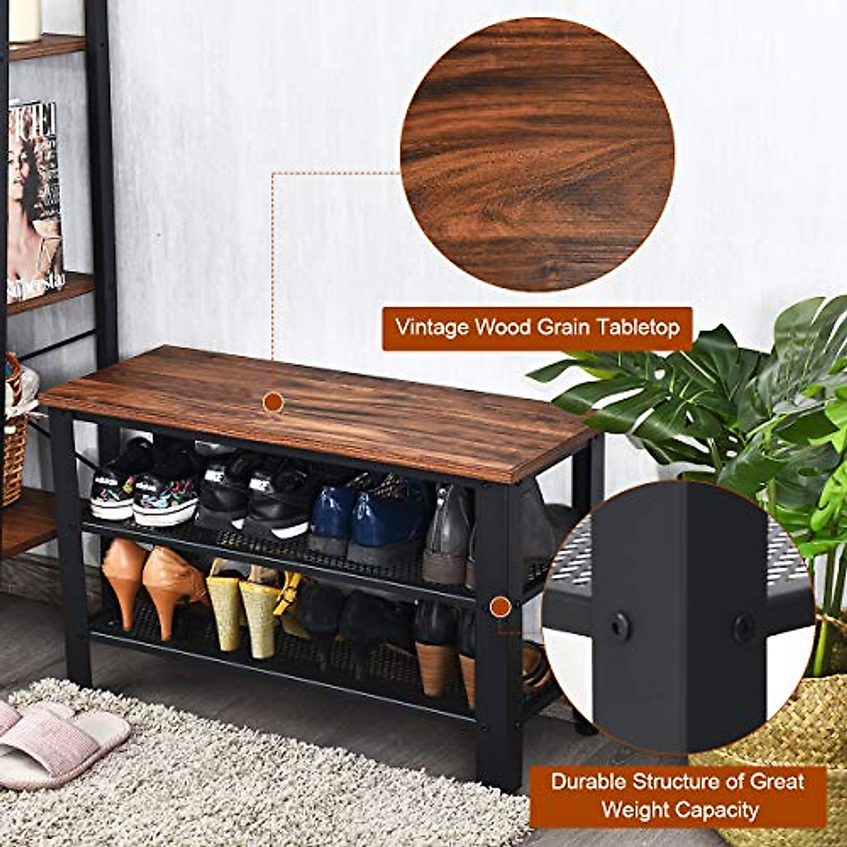 Giantex 3-Tier Shoe Rack Bench, Industrial Shoe Bench with 2 Mesh Shoe Storage Shelves & Seat, Rustic Shoe Rack, Shoe Rack Bench for Entryway, Front Door, Garage Shoe Storage (Rustic Brown)