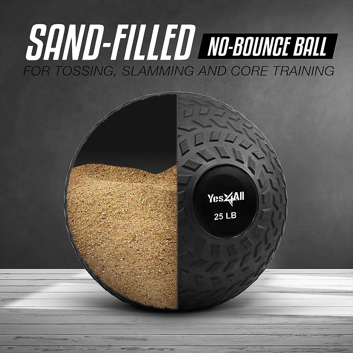 Yes4All 25 lbs Slam Ball for Strength, Power Workout - Fitness Exercise Ball with Grip Tread & Durable Rubber Shell (25 Lbs, Black)