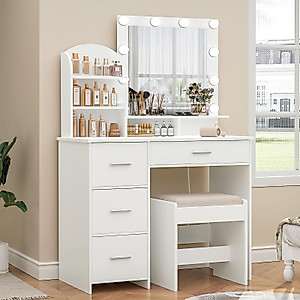 Quimoo Makeup Vanity with 10 Light Bulbs and Charging Station, Vanity Desk with Lighted Mirror & 4 Drawers Chest, Vanity Set, Vanity Table Set with Cushioned Stool, for Bedroom,White