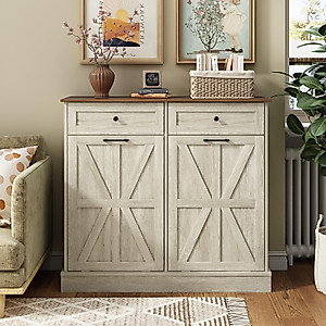 Halitaa Trash Can Cabinet, Double Tilt Out Trash Cabinet with 2 Drawers, Hidden Kitchen Trash Bin Cabinet for 10 Gallon Garbage Can, Free Standing Holder Wooden, Walnut White