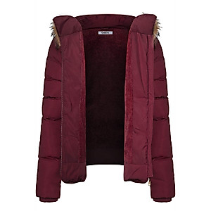 BodiLove Thickened Winter Puffer Jacket with Removable Faux Fur Hood Fleece Lining Burgundy
