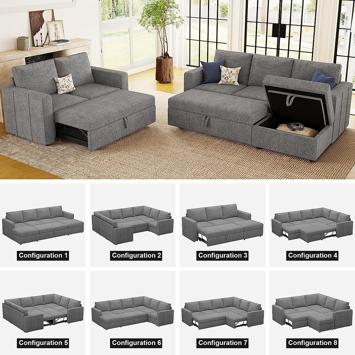Belffin L Shape Modular Sectional Sleeper Sofa with Pull Out Bed Corner Sleeper Sofa Sectional Couch Convertible Sofa Grey