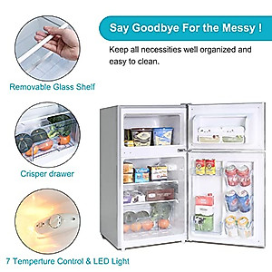 Frestec Mini Fridge with Freezer, Small Refrigerator, 2 Door Mini Fridge for Bedroom, 3.2 Cu.Ft, Low Noise,7 Settings Temperature Adjustable Control (Silver)