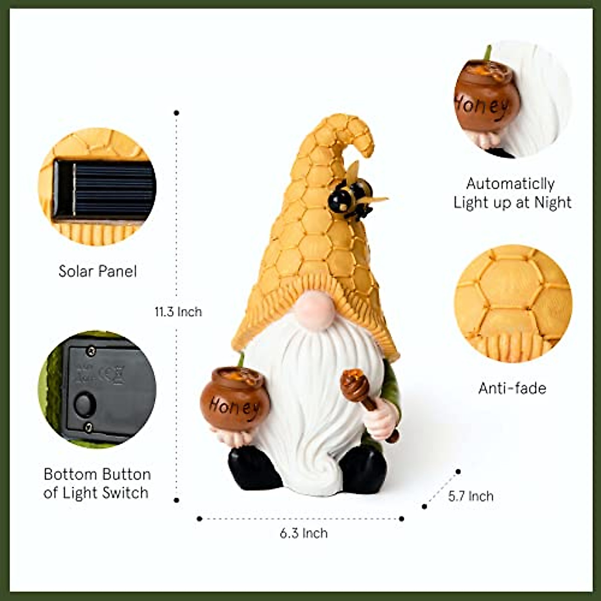 LA JOLIE MUSE Garden Gnomes Statue -11.3'' Resin Summer Bee Gnome Figurine Holding Honey Jar with Solar LED Lights, Outdoor Decoration for Patio Yard Lawn Porch, Ornament