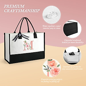 Floral Ini-tial Tote Bag for Women, Can-vas Beach Bag w Makeup Bag, Personalized Birthday Gifts for Women, Inner Pocket, Gift Box, Card Sets, Bridesmaid Bride Wedding Sister Grandma Mom Nurse Gifts A