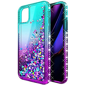 NGB Compatible with iPhone 12 Mini Case with Tempered Glass Screen Protector, Ring Holder/Wrist Strap, Girls Women Liquid Bling Sparkle Floating Glitter Cute Phone Case (Aqua/Purple)
