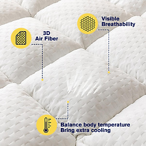 Cooling Mattress Topper Queen or Back Pain, Extra Thick Mattress Topper Cover, Plush Pillow Top Overfilled with Down Alternative, Deep Elastic Pocket, White
