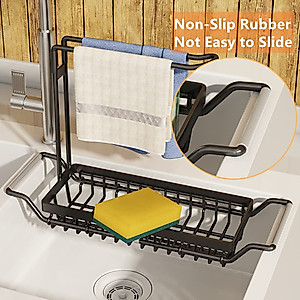 Lexza Telescopic Kitchen Sink Rack Holder,Sponge Holder with Dishcloth Drying Rack,Home Kitchen Multifunction Telescopic Sink Organizer Basket,Stainless Steel Sponge Holder for Kitchen Sink (Black)
