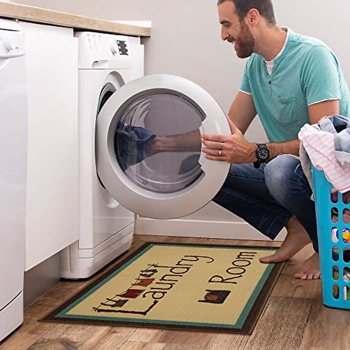 Machine Washable Bordered Laundry Room Rug Non-Slip Rubberback 2x3 Laundry Area Rug for Laundry Room, Bathroom, Washroom, 26" x 35", Beige