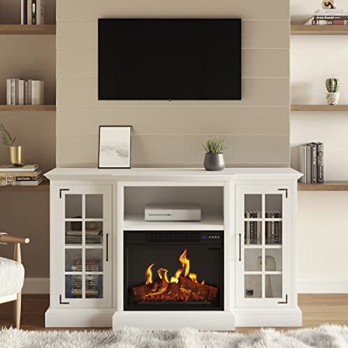 TV Stand with Electric Fireplace Fits TVs up to 65-Inches - Media Console with Storage Cabinet, Adjustable Heat, and LED Flames by Northwest (White)