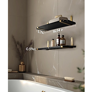 Godimerhea Floating Shelves for Wall Set of 2 Gold Black Floating Shelves Wall Mount Wood Storage Organzier Wall Shelf with Gold Brackets for Living Room Bedroom Bathroom Kitchen
