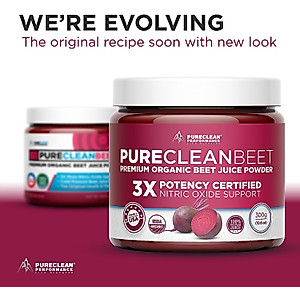 PureClean Organic Beet Juice Powder - Nitric Oxide Supplement - 100% USA Grown Beets - Organic Beet Root Powder 30 Servings, 300g (2 Jars 60 Servings)