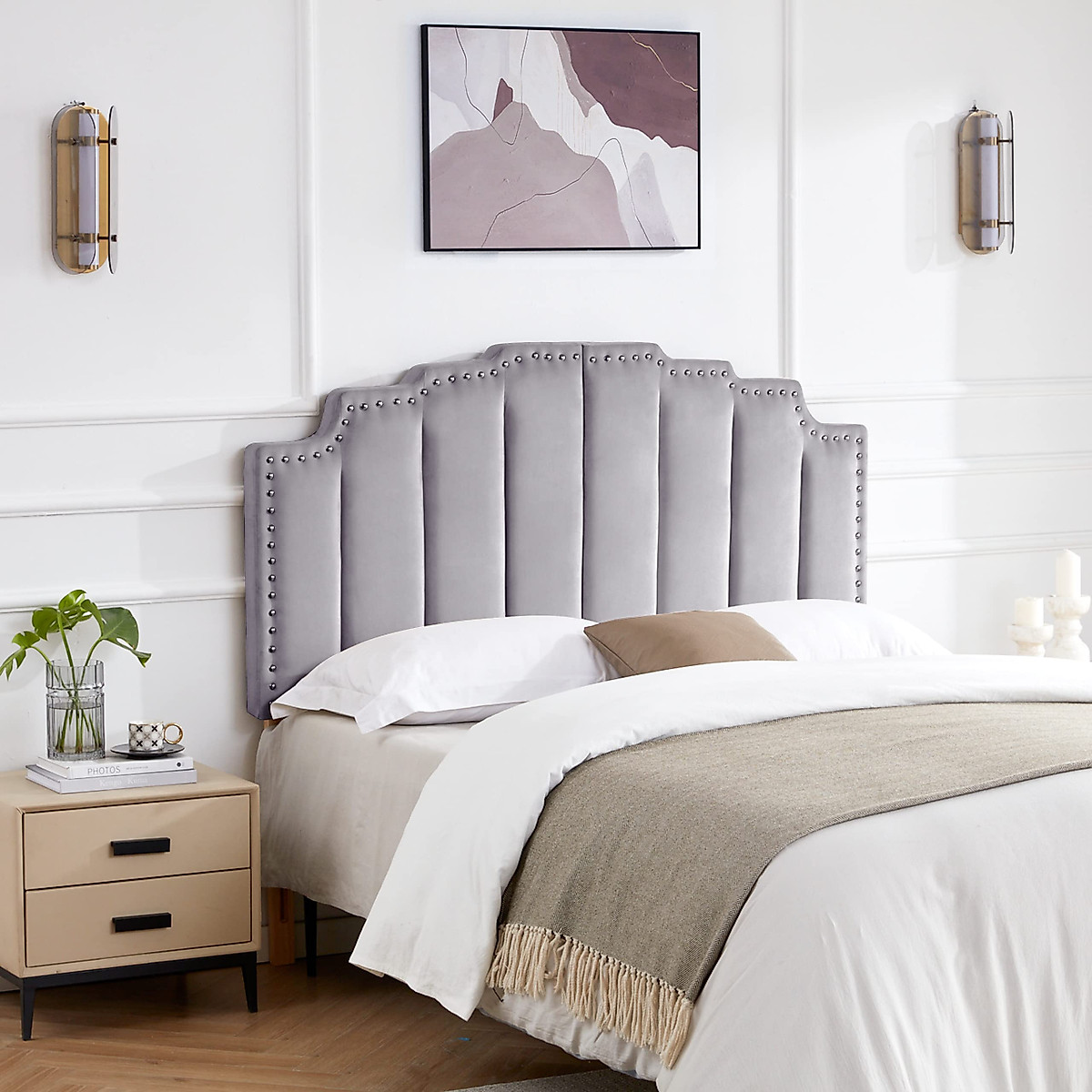 Kingfun Mid Century Headboard for Queen Size Bed, Velvet Upholstered Tufted Bed Headboard with Nailhead Decor, Adjustable Curved Solid Wood Head Board Vertical Channel Design (Medium Grey)