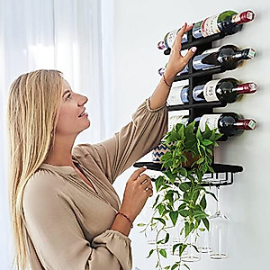 Black Wine Rack Wall Mounted with Shelf for 8 Wine Bottles & Glasses - Wood Rustic Wine Glass Floating Rack with Stemware Hanger. Wine Decor and Storage Holder for Kitchen, Living Room & Bar