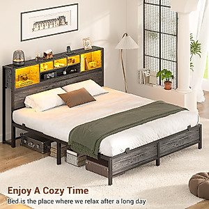 Homieasy Queen Size Bed Frame with Bookcase Headboard, Metal Platform Bed Frame Queen Size with Charging Station and LED Light, Heavy Duty Metal Slats, No Box Spring Needed, Noise-Free, Black Oak