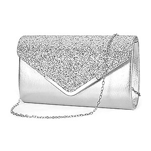 Naimo Womens Shiny Sequin Flap Dazzling Clutch Bag Evening Bag Purse with Detachable Chain for Wedding Party (Silver)