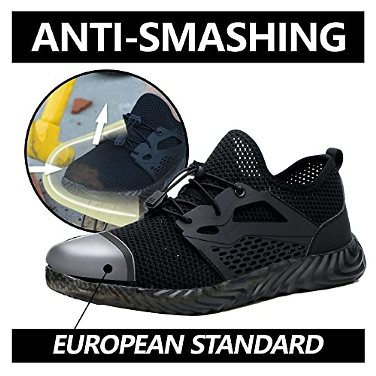 SUADEX Steel Toe Shoes Men Women Indestructible Work Safety Shoes Working Industrial Construction Sneakers Pure Black