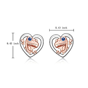 Heart Dinosaur Earrings Sterling Silver Studs for Cute Crystal Sapphire Jewelry Women's Statement Hypoallergenic Animal Valentine Gift