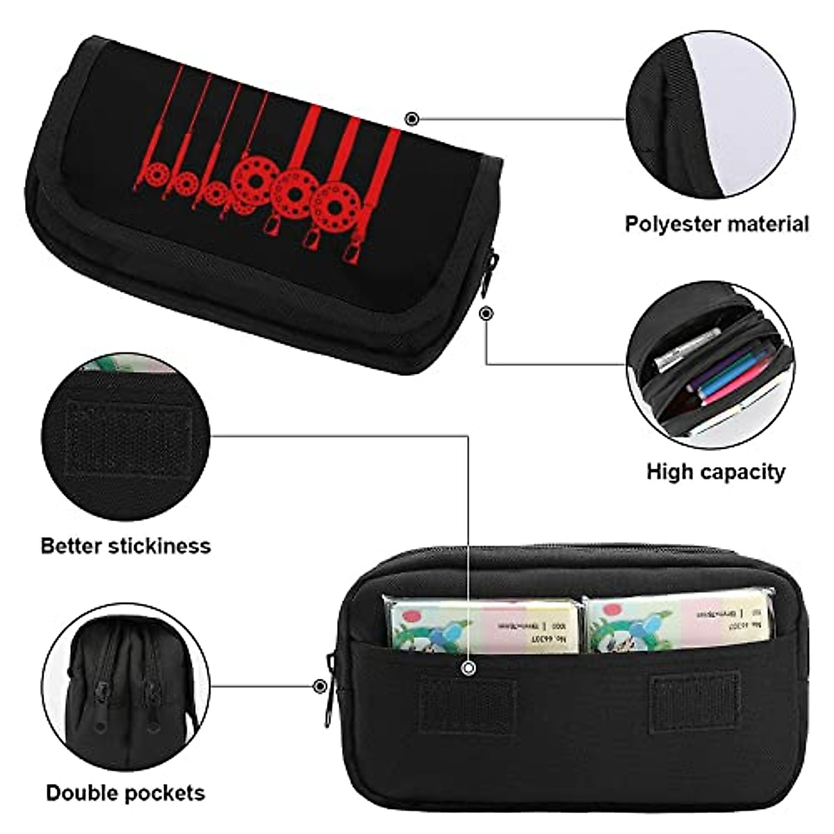Fly Fishing American Flag Large Capacity Pencil Case Multi-Slot Pencil Bag Portable Pen Storage Pouch with Zipper