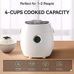 FEEKAA Small Rice Cooker 2 Cup, Mini Japanese Rice Cooker, 6-in-1 Portable Slow Cooker, Travel Rice Maker, Soup Maker, Stew Pot, Keep Warm & Delay Timer, White, 1.2L