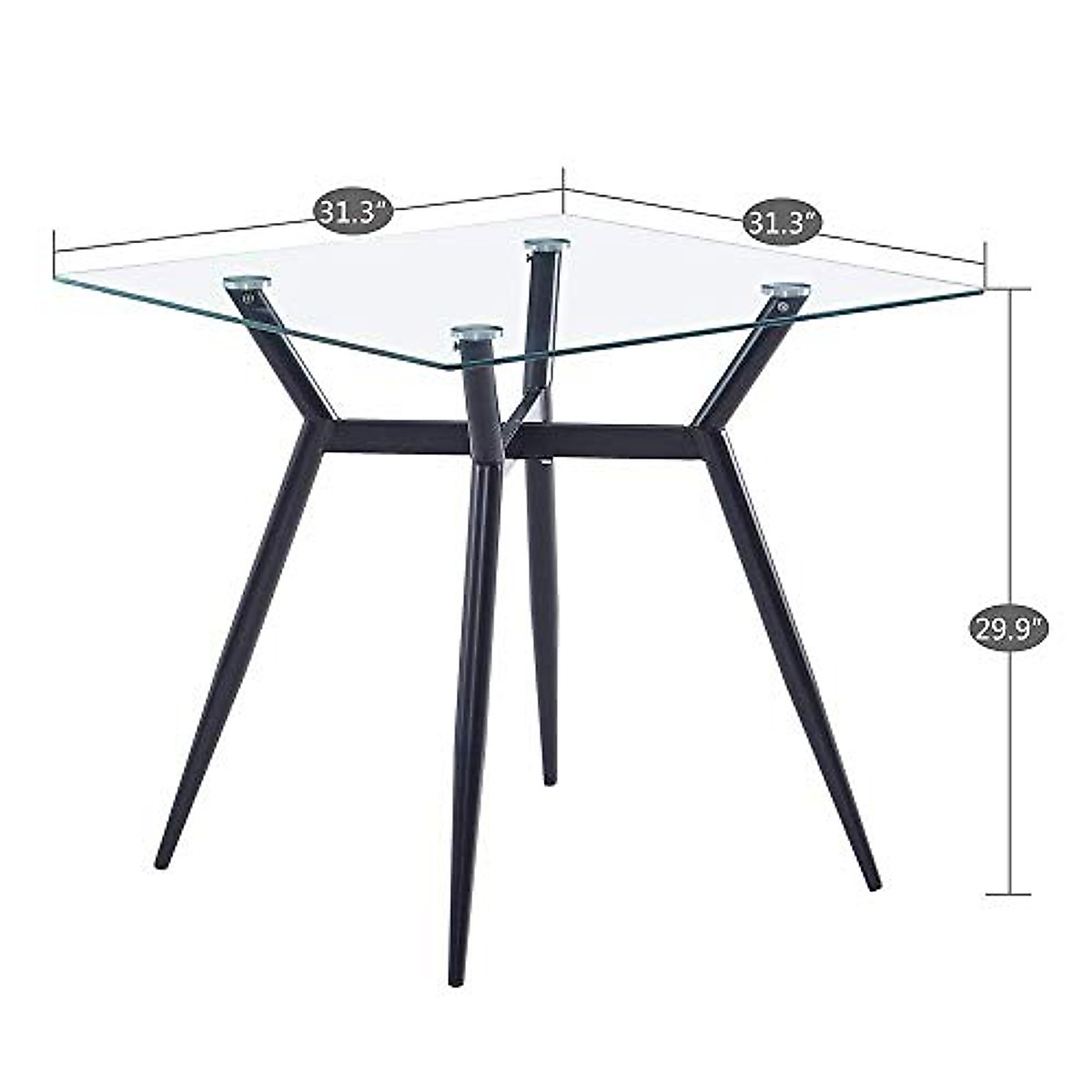 Knocbel Modern Square Glass Dining Table with Metal Legs, 177lbs Weight Capacity, 31.5" L x 31.5" W x 29.5" H (Clear and Black)