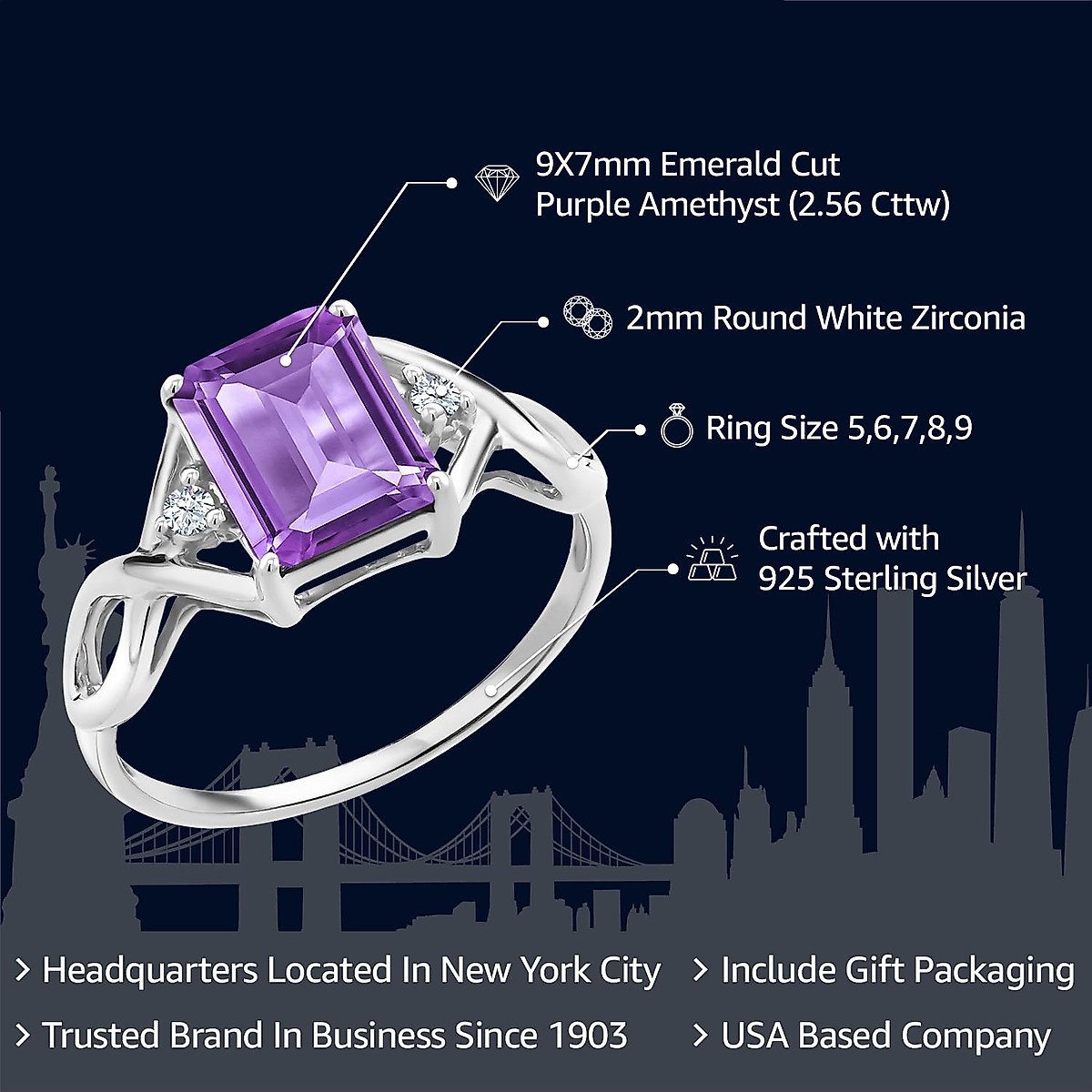 Gem Stone King 925 Sterling Silver Purple Amethyst Ring For Women (2.56 Cttw, Emerald Cut 9X7MM, Gemstone Birthstone, Available in size 5, 6, 7, 8, 9)