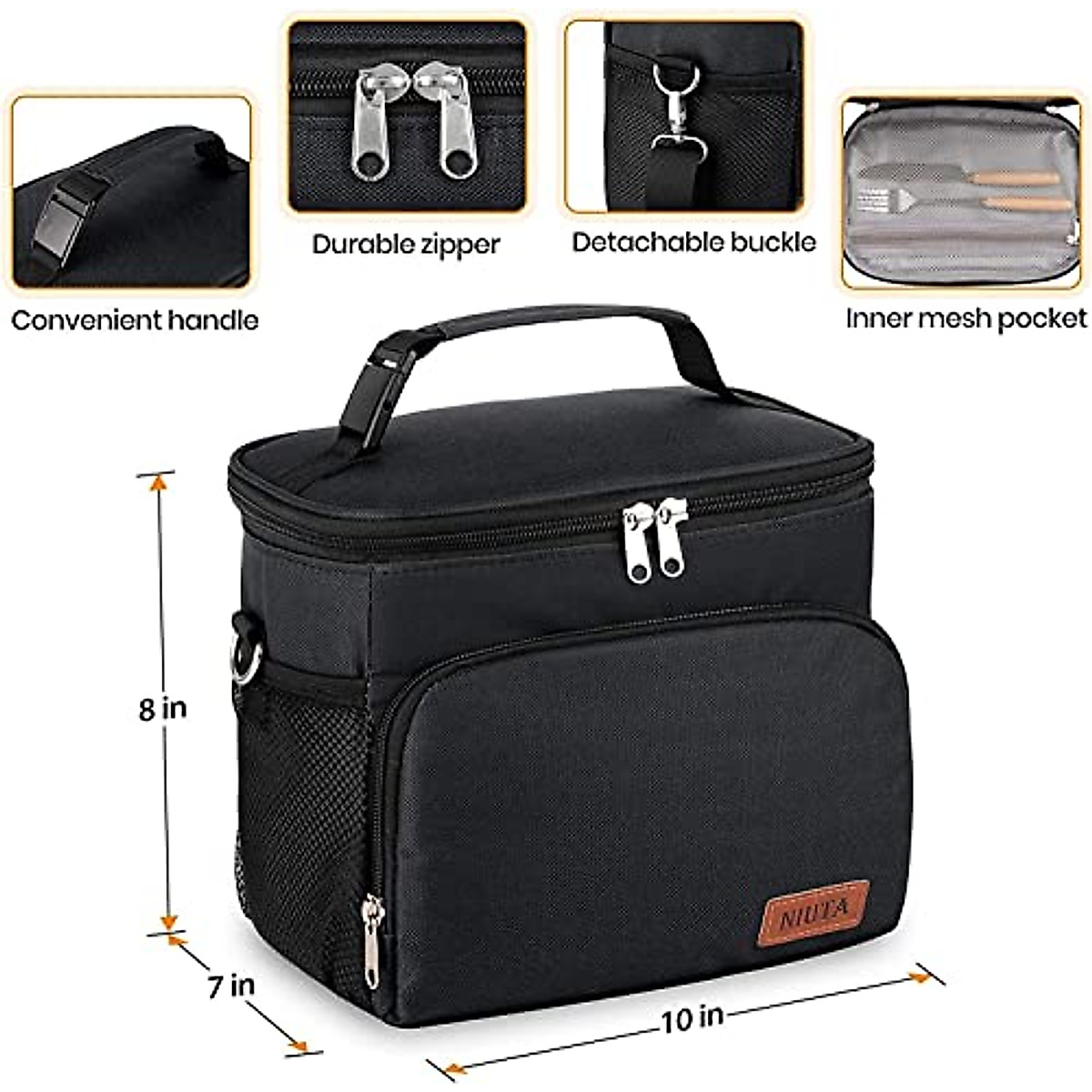 NIUTA Insulated Lunch Bag for Men/Womens, Lunch Box, Black Upgraded version Double Deck Reusable Lunch Pail (Black-1)