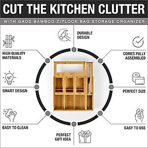 2 in 1 Bamboo Ziplock Bag Organizer for Drawer w/MAGNETICALLY DETACHABLE Plastic Wrap Dispenser with Cutter, Wall Mount Plastic Bag Organizer, 4 Size Gallon, Quart, Snack, Sandwich Baggie Organizer