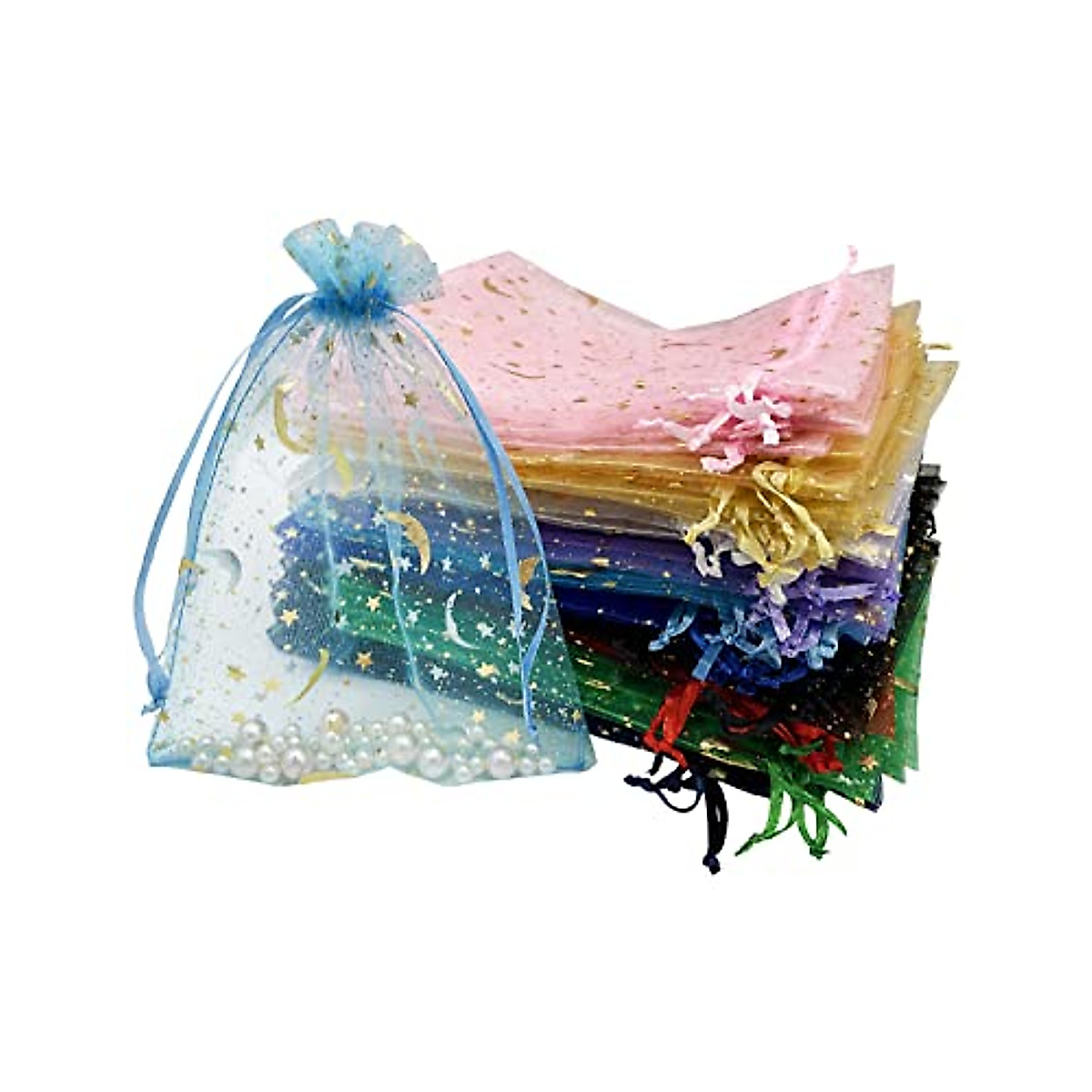 Jexila 100PCS Moon Star Organza Bags 4''X6'' Mixed Color Small Jewelry Bags with Drawstring Mesh Gift Bags for Wedding Party Favor Candy Bags