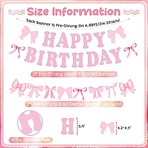 Bow Happy Birthday Banner Garland, Pre-Strung Pink Coquette Bow Birthday Banner for Girls Bow Birthday Party Decorations, Coquette Birthday Decortions, Bow Party Decorations