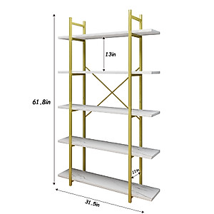 Azheruol 5 Tiers Bookshelf Organizer White Faux Marble Shelf,Modern Open Display Storage Bookcase, and Metal Bookshelf Standing Storage Shelf Tall Shelving Units for Home Office Study