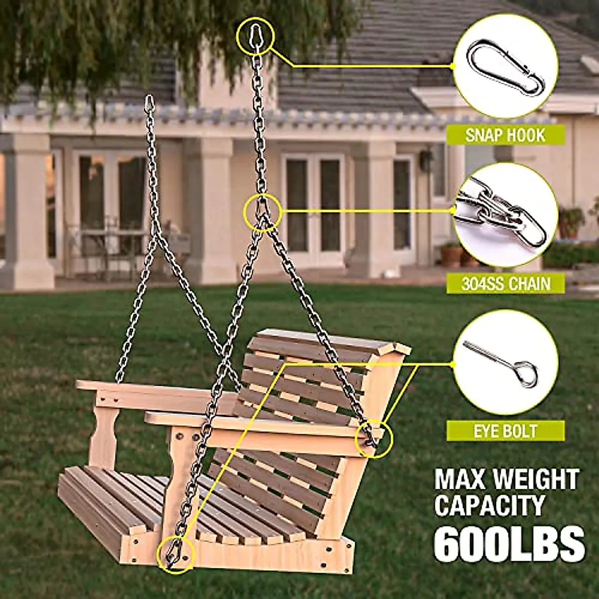 Vaneventi Porch Swing, Outdoor Poly Lumber Swing, Fade-Resistant Patio Swing, 600lbs Duty Rating, 304 SS Chains, All-Weather Garden Swing for Enjoying and Relaxing