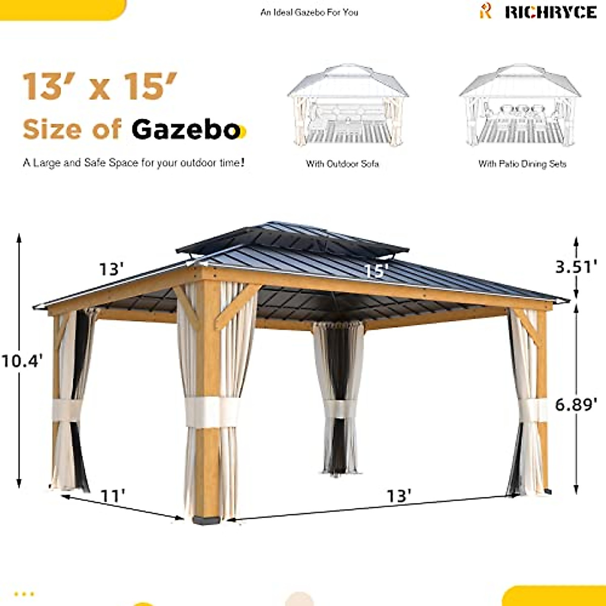 RICHRYCE 13' x 15' Solid Wood Gazebo, Hardtop Gazebo Plastic Sprayed Metal Roof Outdoor Gazebo Canopy Double Vented Roof Pergolas Wood Frame with Netting and Curtains for Garden, Patio, Lawns