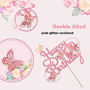 MILIYUKI 13-Pieces 3D Butterfly Cupcake Topper for Girls Women's Happy Birthday Cake Decorations Party Decorations(Pink)