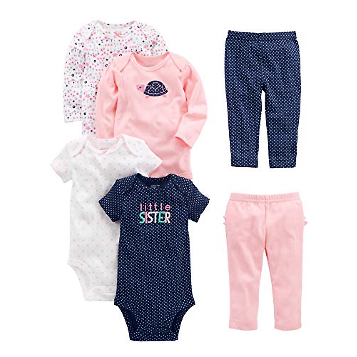Simple Joys by Carter's Baby Girls' 6-Piece Bodysuits (Short and Long Sleeve) and Pants Set, Multicolor/Dots/Floral/Hearts/Turtle, 6-9 Months