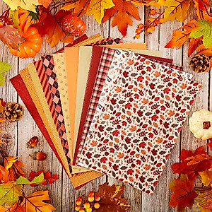 Whaline Fall Faux Leather Sheets 8 x 12 Inch Plaids Stripe Maple Leaves Synthetic Leather Fabric Glittery Orange Red Gold Faux Leather for Autumn Harvest Thanksgiving DIY Craft Earring Hair Bow, 12Pcs