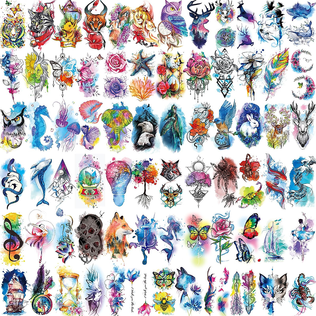 JEEFONNA 86 Sheets Temporary Tattoo, 14 Sheets Large Half Arm Fake Tattoos, Flower Cat Owl Lion Temporary Tattoos for Women Men, 72 Sheets Tiny Waterproof Semi Permanent Temporary Tattoos Realistic for Women Girls Kids Adults