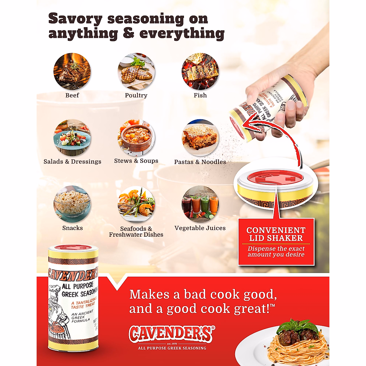 Cavender's All Purpose Greek Seasoning - 8 oz (pack of 4) and exclusive Cavender's Recipe 4 Pack box!!