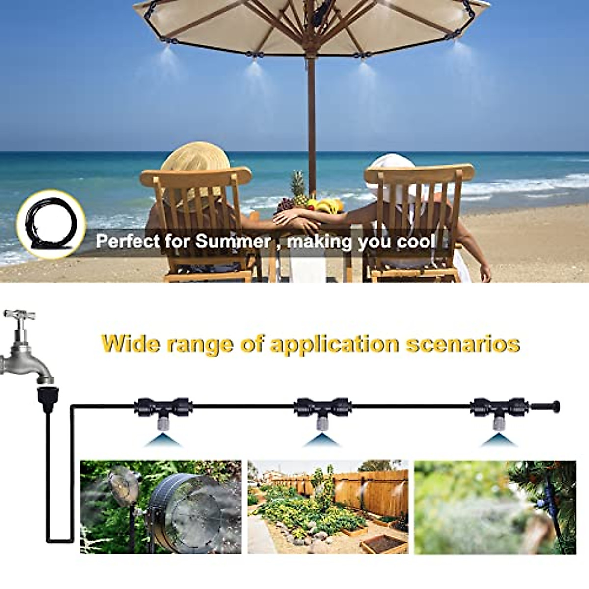 Fogland 32FT Misting Cooling System 10PCS Stainless Steel Misting Nozzles with 20PCS Tap Water Pressure Misting Nozzles Outdoor Cooling System for Garden Terrace Trampoline