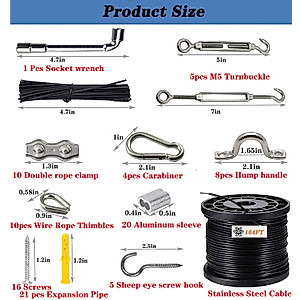 BRISBONN Outdoor String Light Hanging Kit - 164FT Black Vinyl-Coated Stainless Steel 304 Wire Rope with Turnbuckles & Hooks, Globe Lights Suspension Kit for Patio, Backyard, Garden - Easy Installation