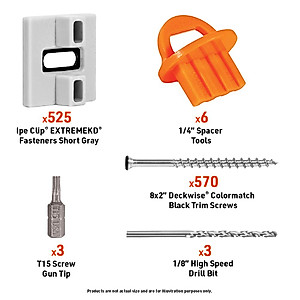 DeckWise (Grey) Ipe Clip EXTREMEKD Hidden Deck Fasteners, 1/4" Spacing, Stainless Steel Black #8x2" Trim-Head Screws for 300 Sq. Ft. of KD Hardwood, Thermal or Composite Decks (525 Bucket)