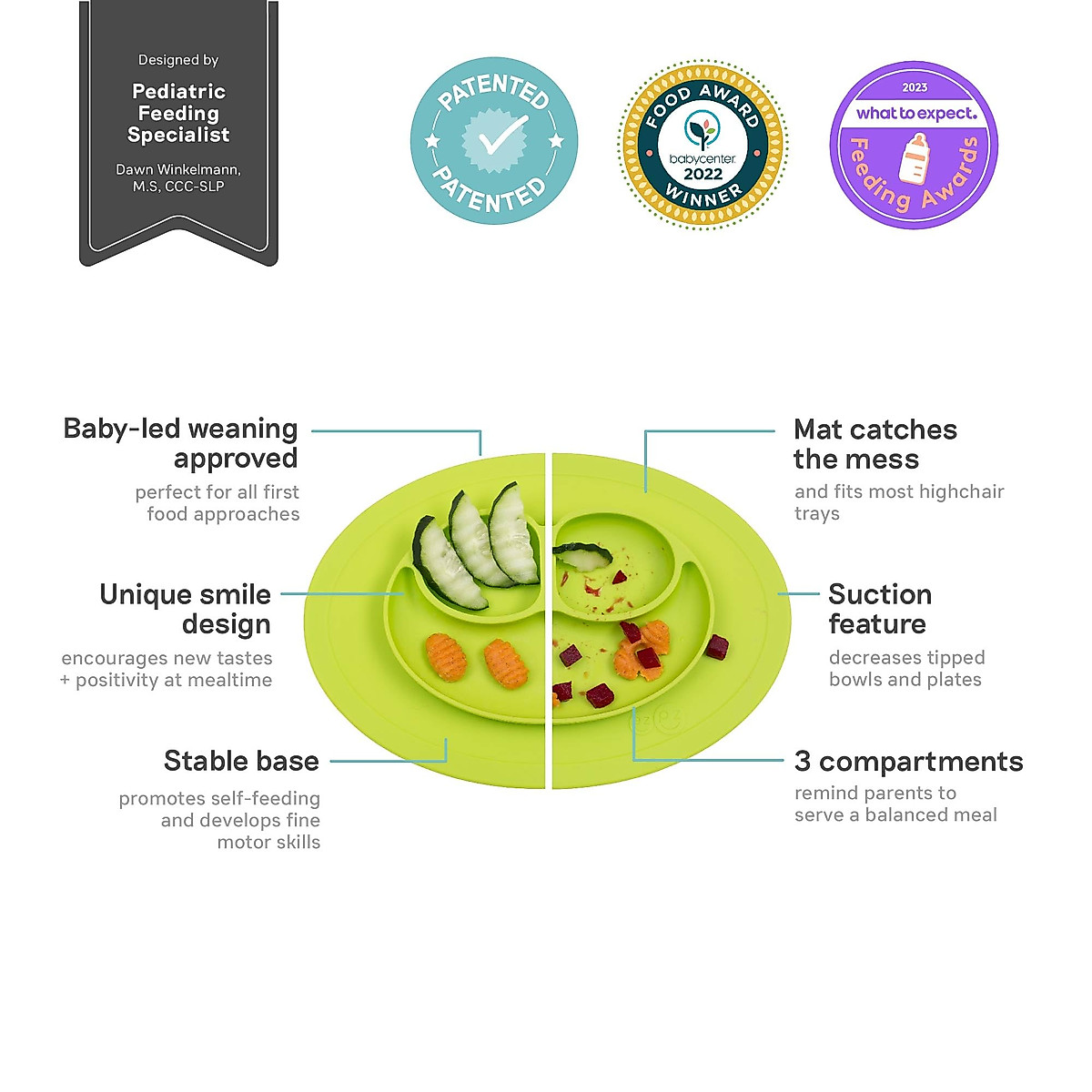 ezpz Mini Mat for 12 Months+ (Lime) - 100% Silicone Baby Plates with Suction and Built-in Placemat for Infants + Toddlers - Baby Led Weaning - for Highchair, Dining Table and Travel