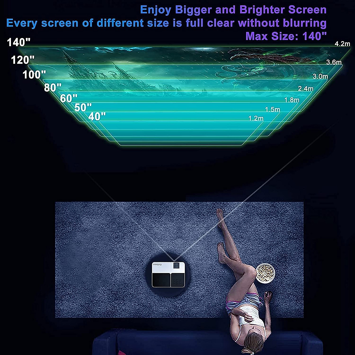 Portable Native Short Throw 1080P Projector, 8000L Full HD Mini LED Home Hheater Bedroom Projector, Outdoor Movie Projector Support 4K Display,Compatible with TV Stick,HDMI,VGA,TF,AV USB