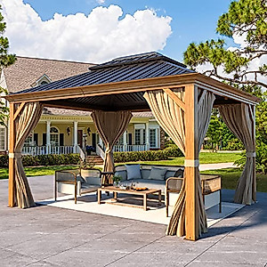 MELLCOM 10' x 12' Hardtop Gazebo, Wooden Finish Coated Aluminum Frame Gazebo with Galvanized Steel Double Roof, Brown Metal Gazebo with Curtains and Nettings for Patio, Lawn & Garden