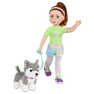 Glitter Girls – Let's Go for a Run Dog Walking Outfit with Leash, Collar, and Hair Band – 14-inch Doll Clothes and Accessories for Kids Ages 3 and Up
