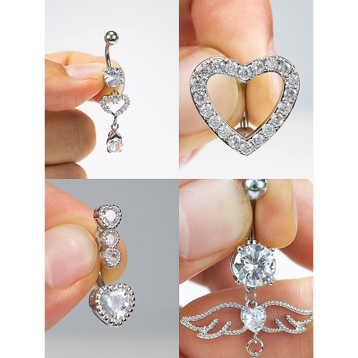 14G Surgical Steel Belly Button Rings Round/Love Heart Clear CZ Navel Curved Barbell Studs Sexy Body Piercing (4PCS - Steel - Style A)