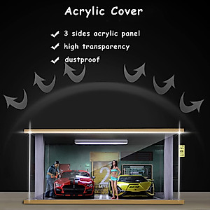 1/18 Scale Model Car Display Case - 1:18 Car Garage Display Case with Clear Acrylic Cover and LED Lighting for Die-Cast Cars, 2 Parkings Green