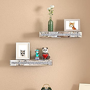 SHYFOY Mirrored Floating Shelves Wall Mounted Set of 2, Glitter Mirror Storage Wall Shelves for Bedroom, Living Room, Bathroom, Kitchen, Office and More, 15"x5.9"x2.2", Silver
