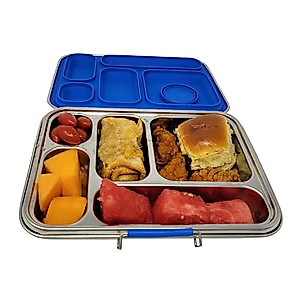 Flatbush Goods Leak Resistant Stainless Steel Bento Lunchbox with Silicone Seal, 2 Leak Proof Containers and 5 Compartments - Durable and Sustainable for Adults and Kids 5 and Older (Blue)